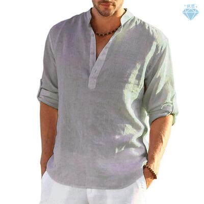 Men Cotton Linen T-shirts Summer V Collarless Long Sleeve So