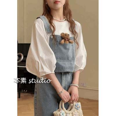 【泡泡梦2.0】2024年韩版夏季新款百搭显瘦9852纯色圆领泡泡袖T恤