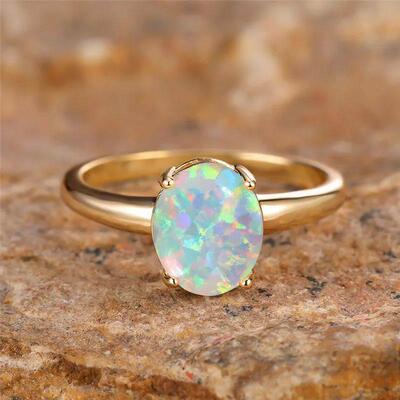 Big Oval Stone Engagement Ring White Fire Opal Egg Rings For