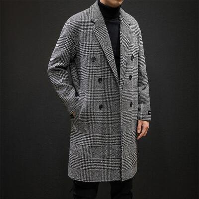 Men's windbreaker men's mid to long woolen plaid coat