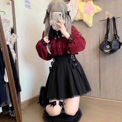 Halloween Gothic Vampire Bat Lace Collar Black Red Shirt