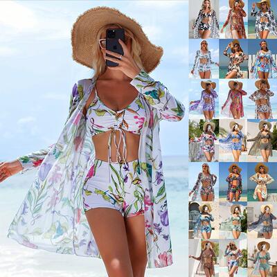 Women's plus size lace up bikini shorts cardigan swimsuit,