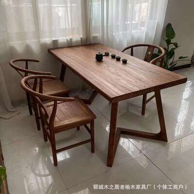 新中式桌榆木办公桌原木茶桌茶台长简方老形复古客厅长约GJD电脑