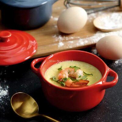 Ceramic Color Glazed Double Ear Bowl with Lid Stew