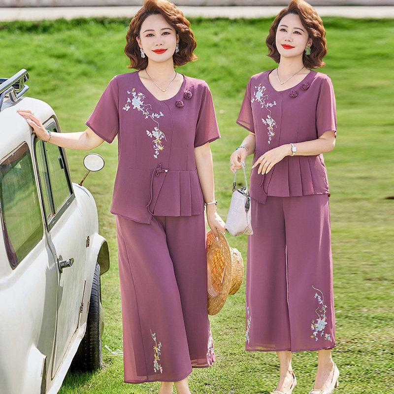 妈妈套装夏2026新款洋气雪纺衫新中式上衣中老年衣服女短袖两件套