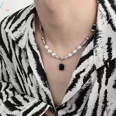 2025 Black Rhinestones Pendant Pearl Necklaces Men Jewellery