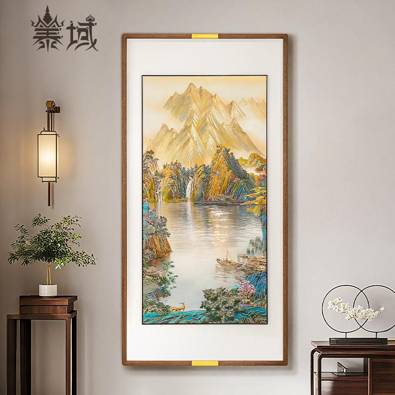 铜雕画《金山聚宝盆》手工錾刻 玄关竖版过道挂画 中式饭厅装饰画