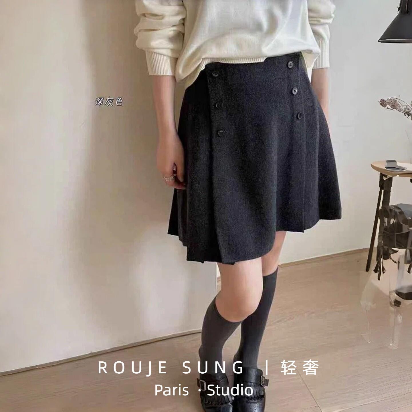 ROUJE SUNG法式复古双排扣毛呢半身裙女2025款高腰气质短裙