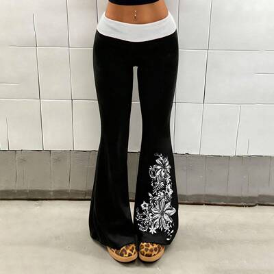 Street Style Y2K Color-Block Botanical Print Panel Waistband