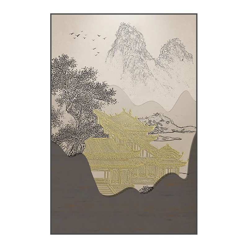 新中式客厅样板间玄关装饰画山水古建筑艺术现代背景墙壁轻奢挂画