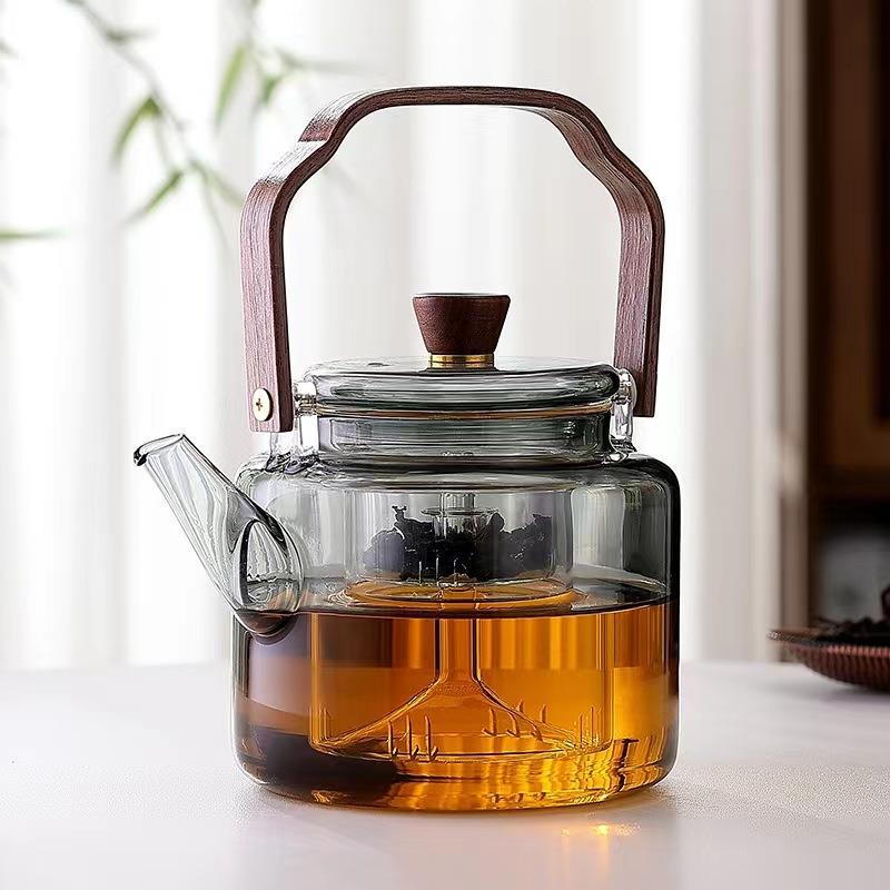 高硼硅玻璃蒸煮茶壶竹把提梁花草茶壶可电陶炉加热煮茶壶泡茶壶