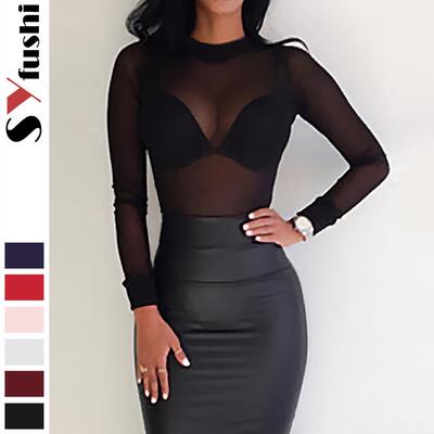 Women's Mesh Tops Long Sleeve Sheer Blouse Fishnet Tops