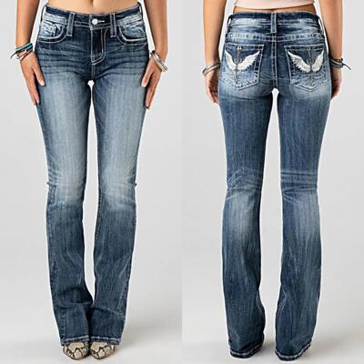 Embroidered women's high waisted elastic washed denim