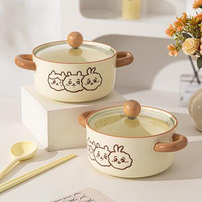 Double Handle Ceramic Cute Lidded Ramen Bowl College Dorm