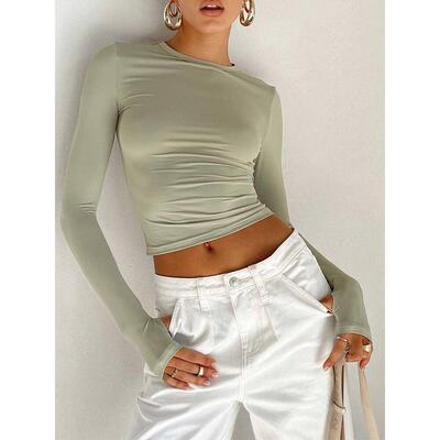 Fashion Women T-shirt Long Sleeve Crew Neck Solid Slim Fit
