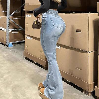Jeans Pants Womens Casual Denim Plain Bell Bottom Jeans,