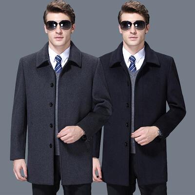 秋冬新款中年羊厚毛衣大衣男式中款加风翻领男士羊1805=5毛呢长外