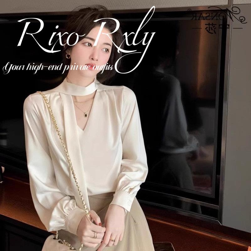 RIXO RXLY蝴蝶结雪纺挂颈长袖衬衫女春秋季小众气质缎面飘带衬衫