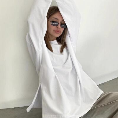 2025 long sleeved slit T-shirt cotton top for women