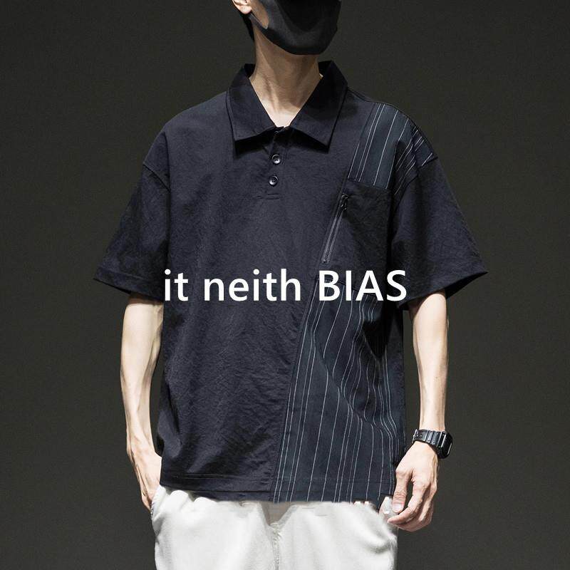 it neith BIAS高级冰丝亚麻polo衫男宽松拼接夏季透气翻领短袖t恤