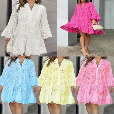 Women's Plain Eyelet Embroidery Notched Neck Long Sleeve