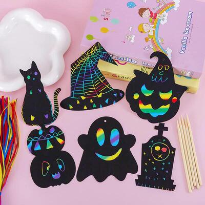 DIY Halloween bookmarks handwritten scratch drawings kids