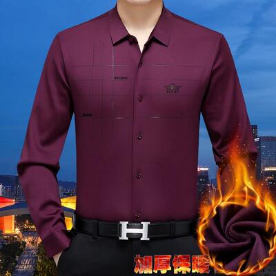 冬季新务款羊闲绒8699-P印花加保暖衬衫男士宽松休商绒中青年衬衣