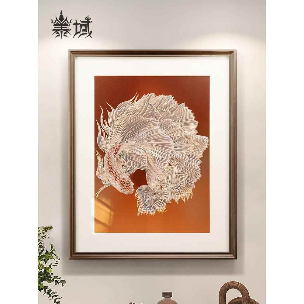 手工錾刻 铜雕画《锦鲤》书房玄关竖版挂画 现代样板房装饰画