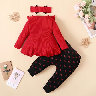 3Pcs Toddler Baby Girl Clothes Sets Bowknot Red Top Love Pri