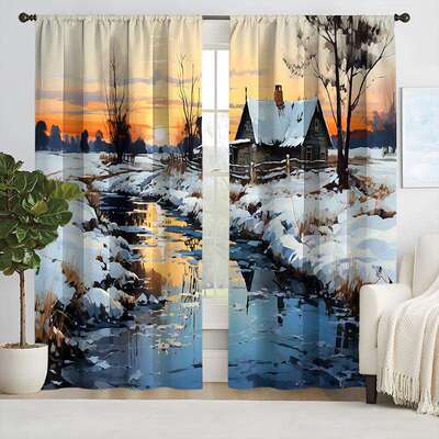 厂家直销2pcs风景画系列窗帘3D数码印花布艺窗帘窗纱