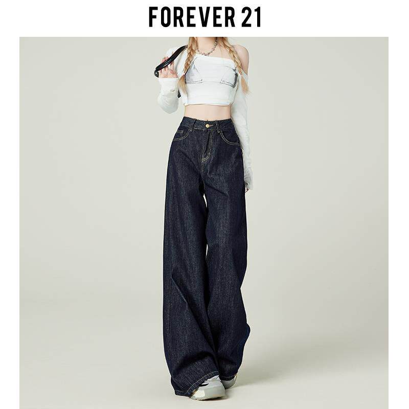Forever 21复古丹宁蓝大阔腿牛仔裤女美式高腰宽松垂感梨形拖地裤