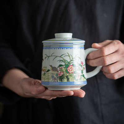 景德拟古陶瓷水杯复古过滤带盖泡茶杯仿古中式粉彩办公杯自用礼批
