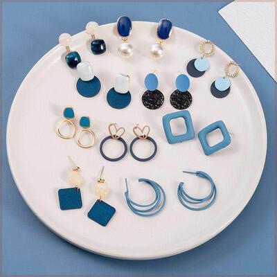 Korean Blue Geometric Acrylic Resin Drop Earrings for Women