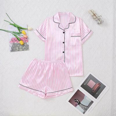 Women Summer Pajama Set Pyjamas Pjs Striped Sleeves Pants