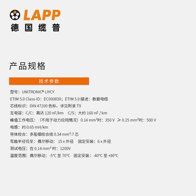 缆普LAPP电线电缆UNITRONIC® LIYCY国标铜芯多股装修护套线软线