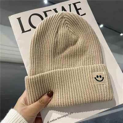 Unisex Winter Knitted Beanie Cute Smiley Patch Design Warm