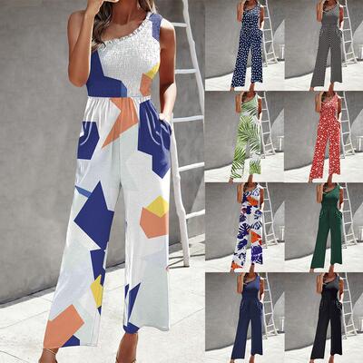 Women's jumpsuit slanted shoulder top printed waist