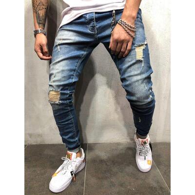 s Destroyed Frayed Print Embroidery Slim Fit Denim Pant Jean