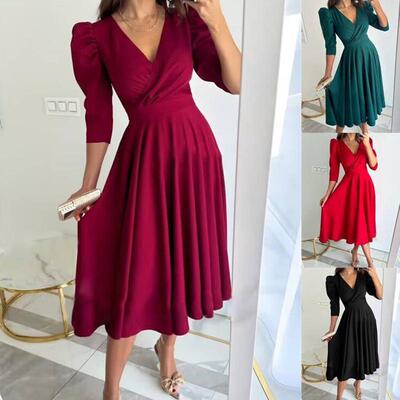 Women's V-neck waist cinching and large swing dress