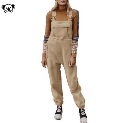 Women Warm Overalls Loose Pockets Casual宽松工装裤