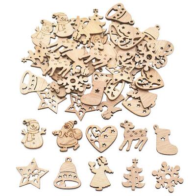 50Pcs Christmas Natural Wooden Chip Santa Claus Snowflake Ch