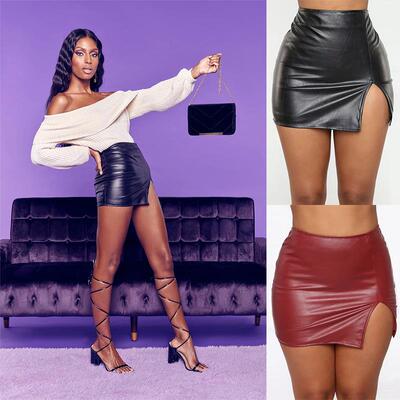 Womens Solid Color PU Leather Short Skirt Street Fashion