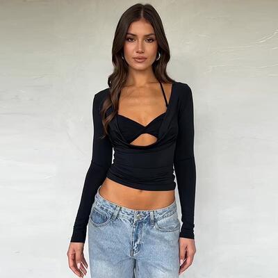 Womens Plain Twist Cut Out Halter Tee Casual Tie Back Long