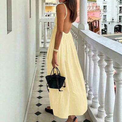 Summer Backless Spaghetti Strap Dress for Women Solid Color