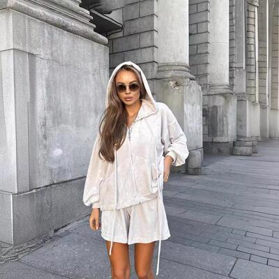 Hooded cardigan shorts two-piece set for women