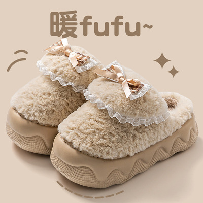 蝴蝶结棉拖鞋厚底增高秋冬季室内居家用防滑耐磨外穿保暖毛绒拖鞋