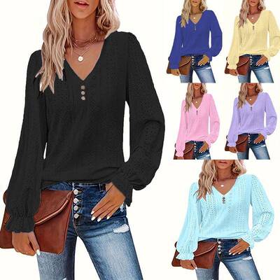 Women V Neck Sleeve Shirt Color Eyelet Cutout Button Casual