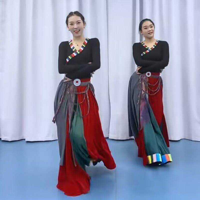 正品藏族舞蹈出艺服装广场舞大摆裙女两件式演少数民族蒙成古人考
