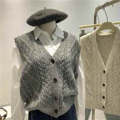 V-neck diamond grid knitted vest, women's soft and sticky