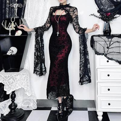 Gothic stand up collar top, cross velvet camisole,